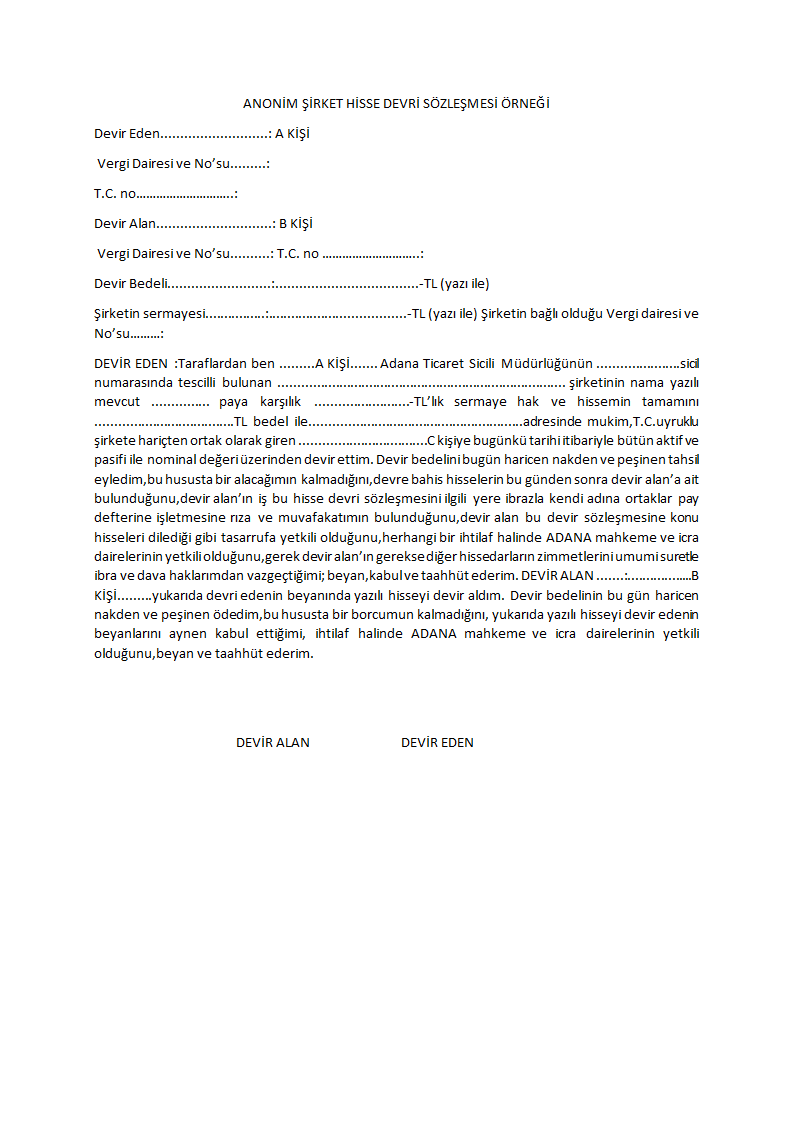 anonim şirket hisse devri sözleşmesi: a kişiden b kişiye hisse devri, devir bedeli ve şartları ...