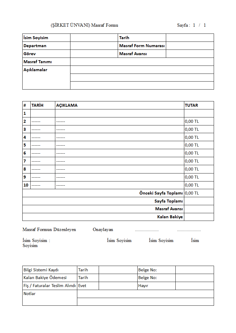 (şirket adı) masraf formu: boş, 0,00 tl toplam masraf ve ayrıntılı ...