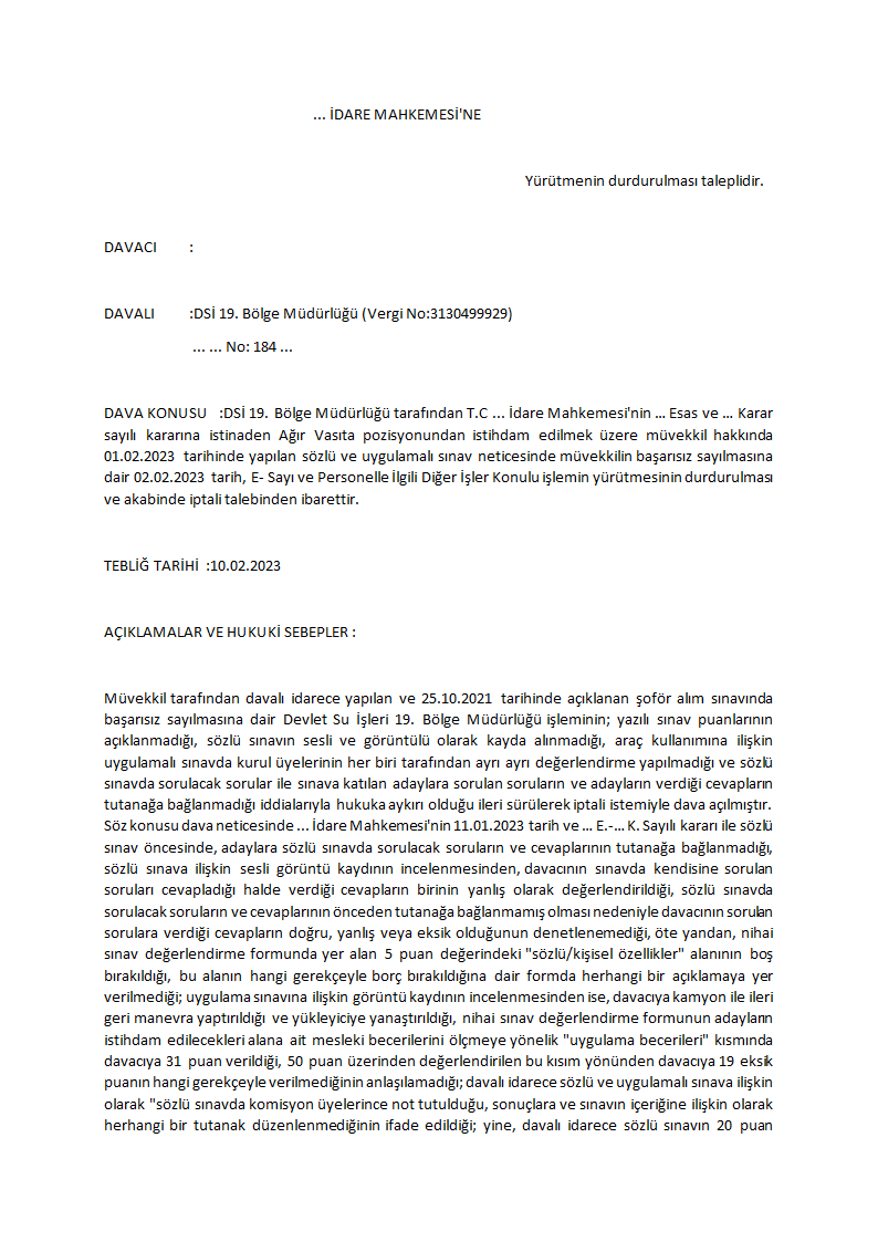 dsi 19. bölge müdürlüğü şoför alım sınavı sonucuna ilişkin yürütmenin durdurulması talebiyle ...