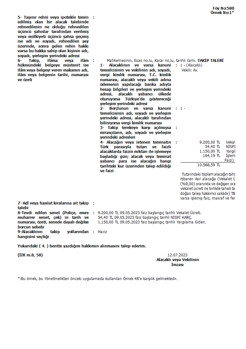 taşınır rehinli alacak talebi formu: alacaklı, vekil, rehinli mal ve ...