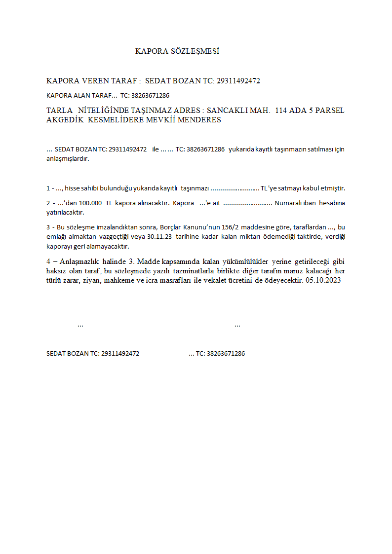 menderes'te taşınmaz satışı için 100.000 tl kapora öngören sözleşme ...