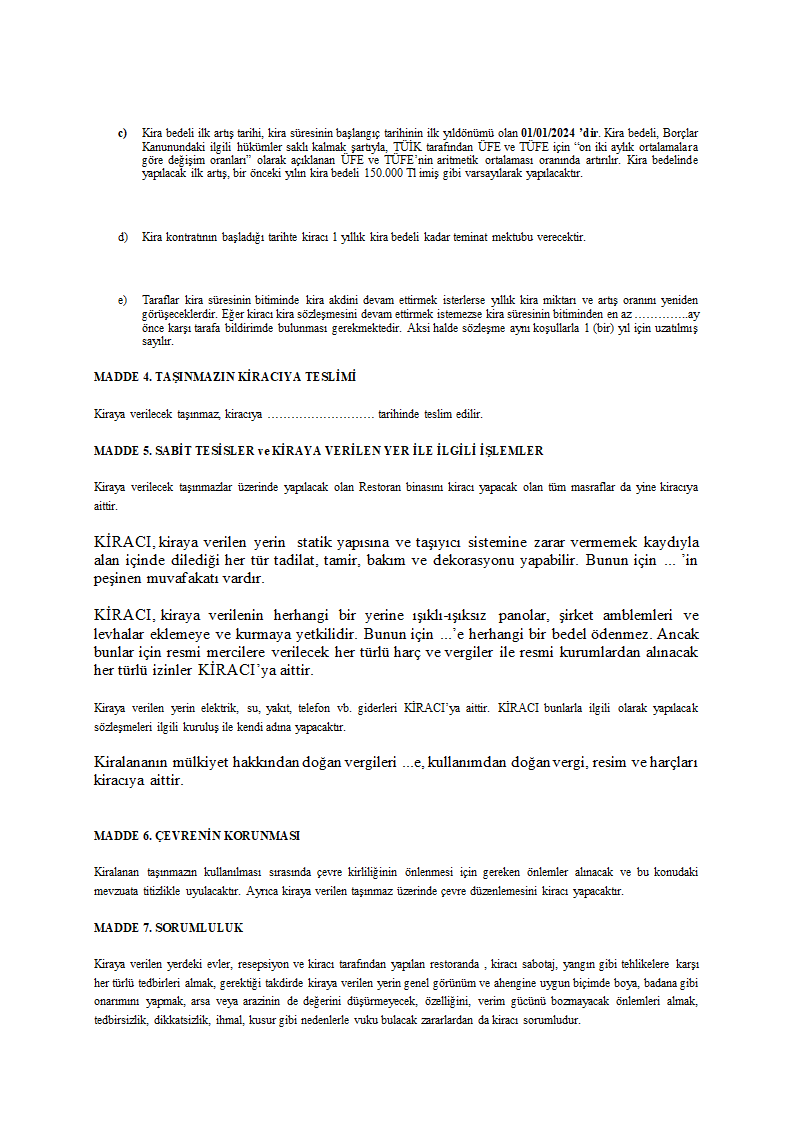 taşınmaz kira sözleşmesi: genel bilgiler, kira süresi, bedeli, artışlar ve ödeme şekli, teminat ...