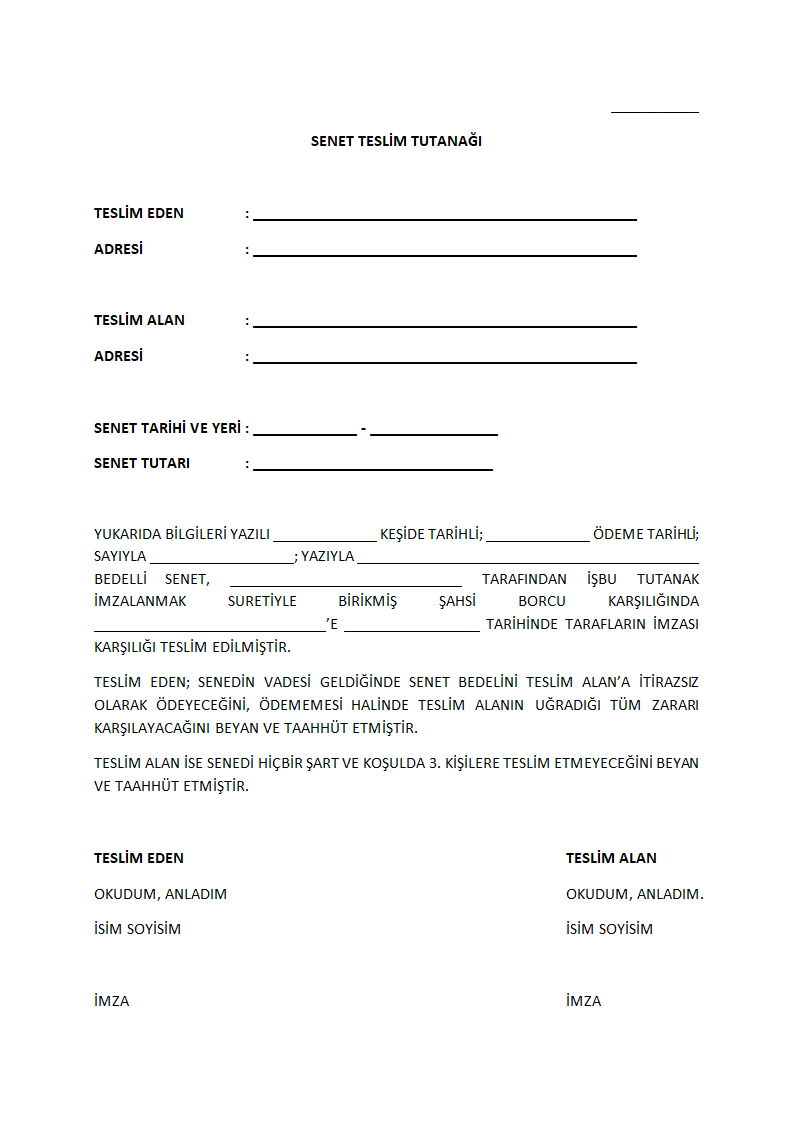 senet teslim tutanağı: [tarih] tarihinde [teslim eden]’den [teslim alan ...