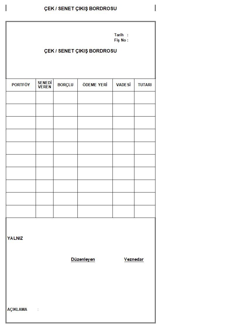 çek/senet çıkış bordrosu: tarih, fiş numarası, borçlu, ödeme yeri, vade ...