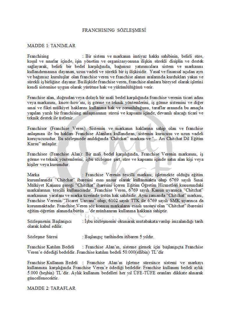 franchising sözleşmesi madde 1: tanımlar, franchising sistemi, franchisor ve franchisee rolleri ...