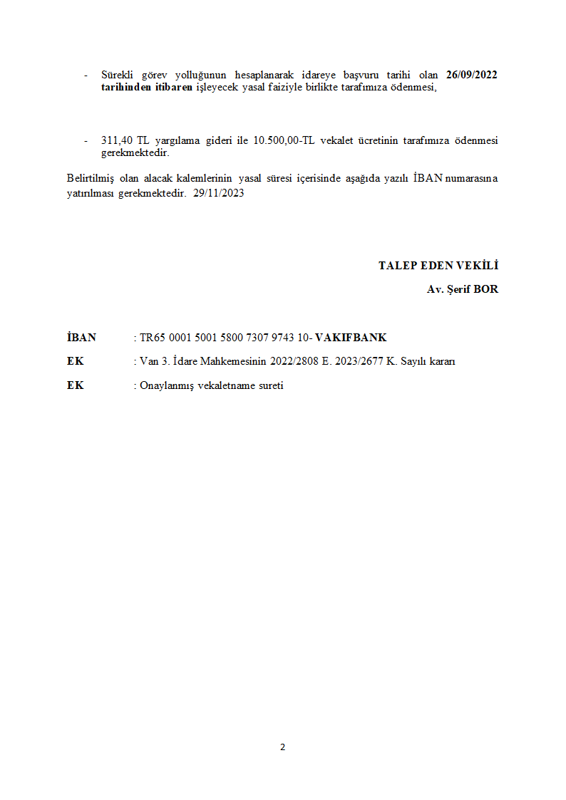 van 3. idare mahkemesi kararı gereğince sürekli görev yolluğu, vekalet ücreti ve yargılama ...