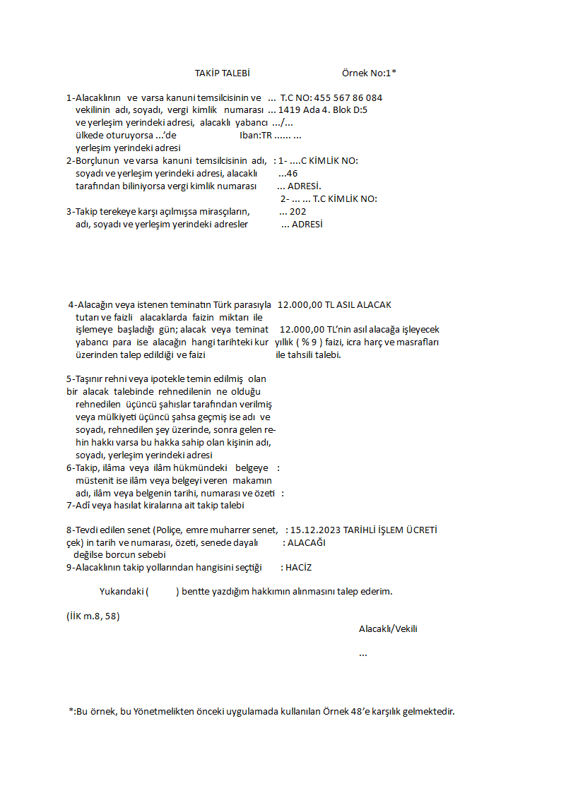 12.000 tl alacak için icra takibi talebi: alacaklı, borçlu ve alacak ...
