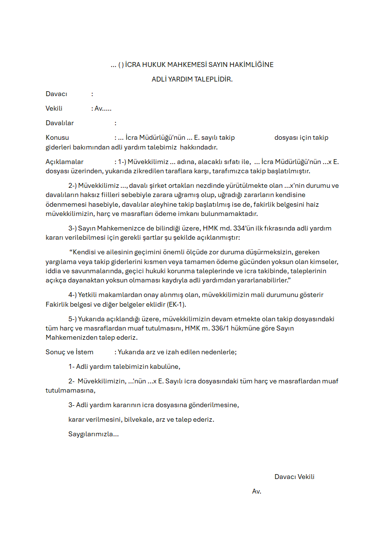 icra takibi için adli yardım talebi: fakirlik belgeli müvekkil adına ...