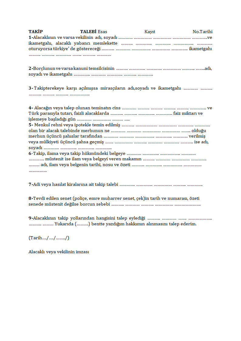 icra takibi başvuru formu: alacaklı, borçlu, alacak bilgileri ve takip ...