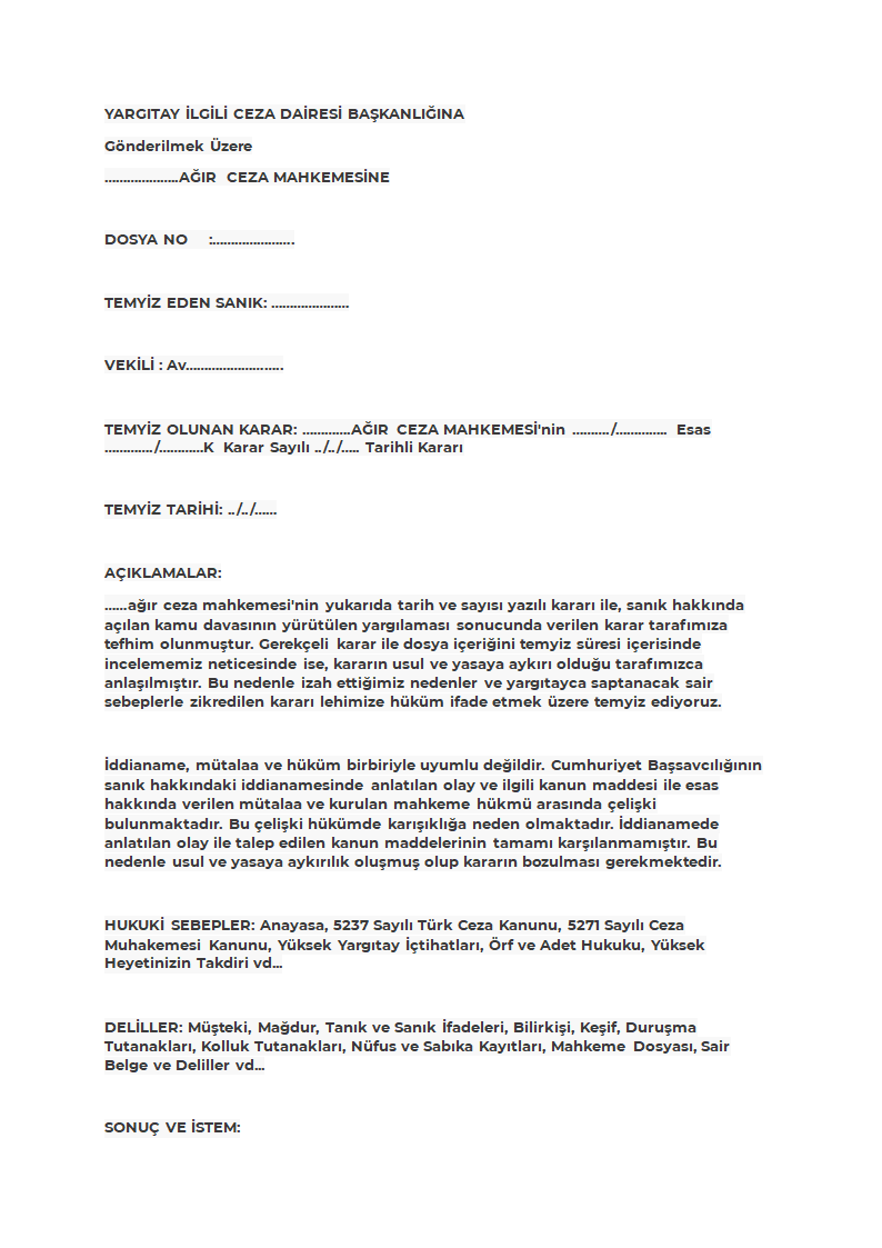 5271 sayılı cmk'ya göre ağır ceza mahkemesi kararının temyiz dilekçesi ...