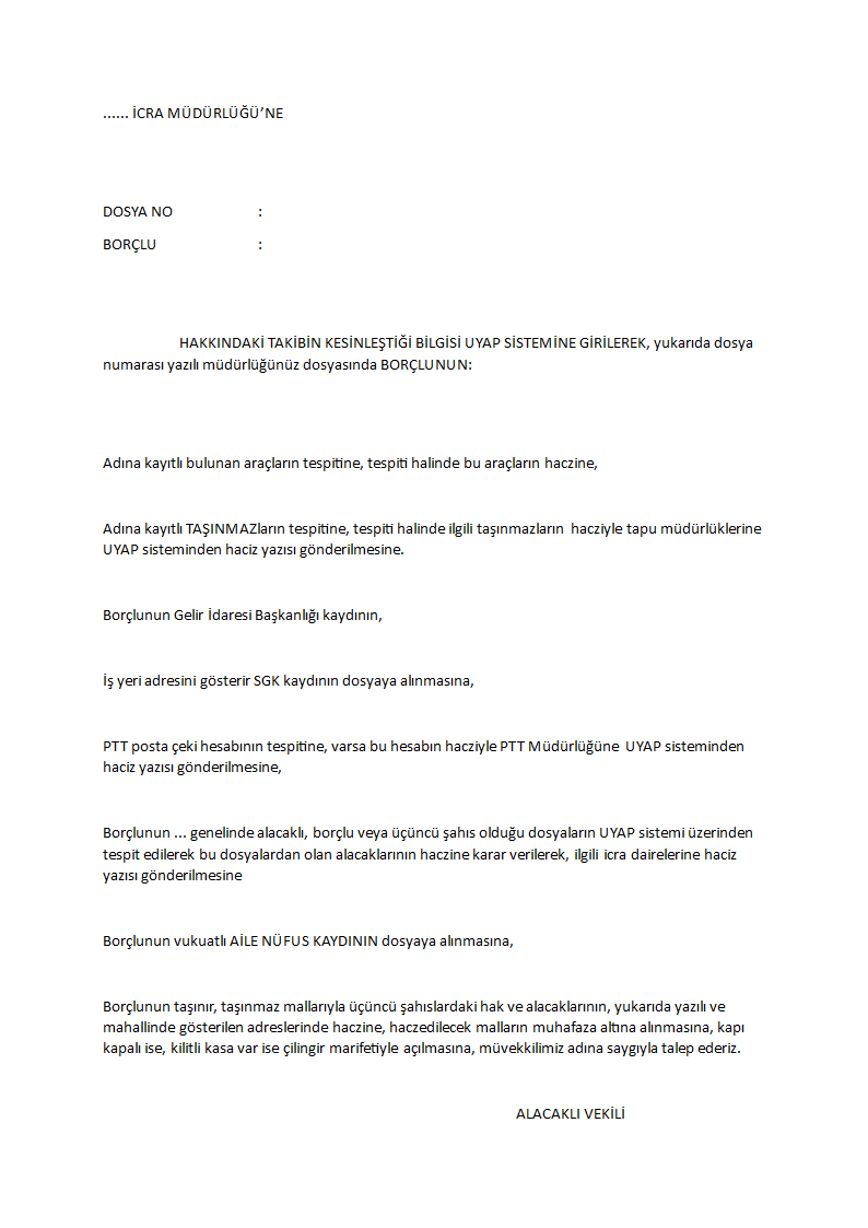 borçlunun taşınır ve taşınmaz mallarının haczine dair icra müdürlüğüne ...