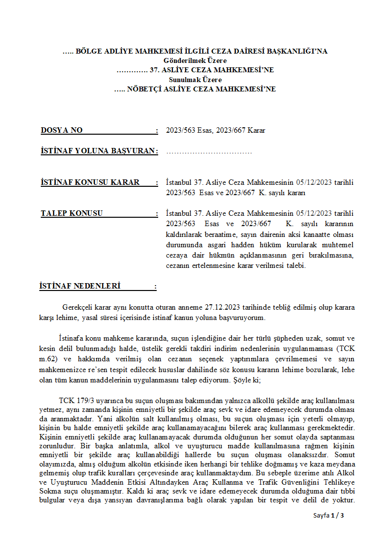37. asliye ceza mahkemesi'nin 05/12/2023 tarihli 2023/563 esas ve .../667 k. sayılı kararına ...