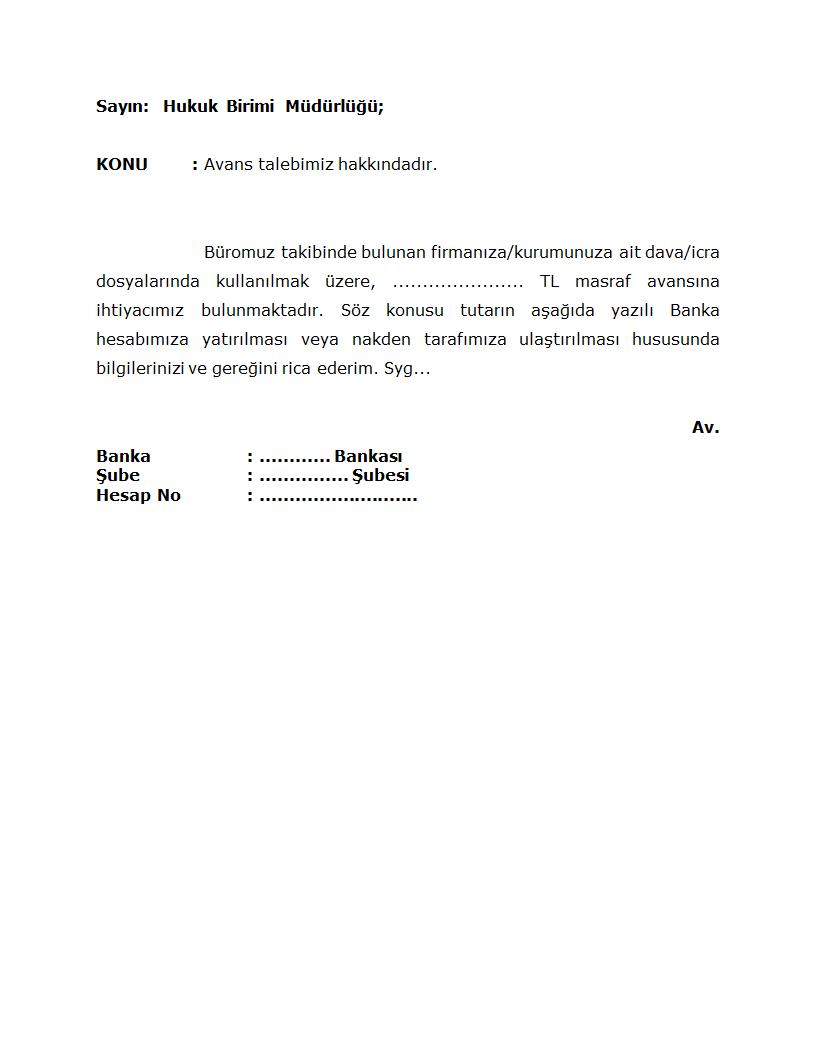 hukuk birimi müdürlüğüne avans talebi: dava/icra dosyaları için ...