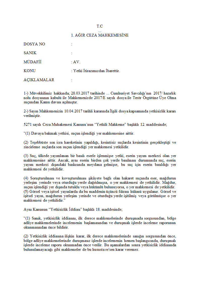 terör örgütü üyeliği davasında yetkisizlik itirazı: 5271 sayılı cmk ...