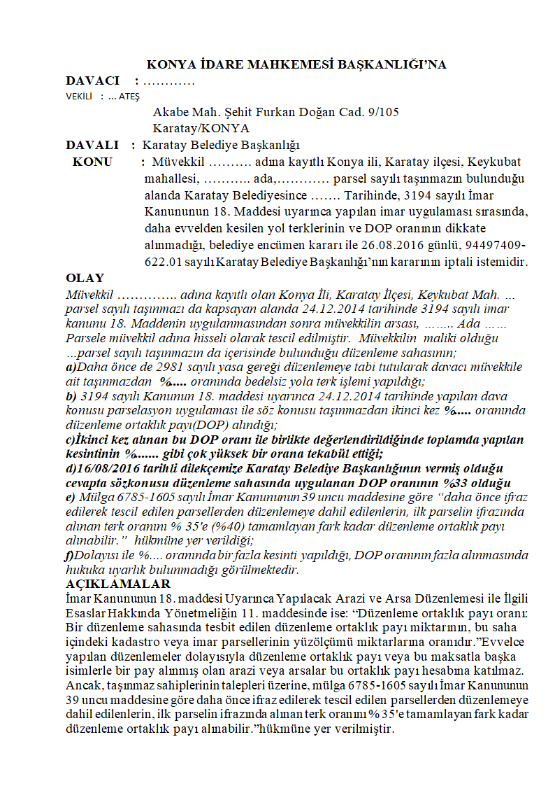 3194 sayılı imar kanunu uygulaması sonucu fazla dop oranı alınmasına ...