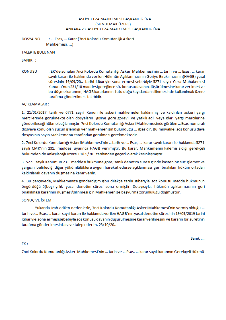 askeri mahkeme kararının düşürülmesi ve kayıtlardan silinmesi talebi ...