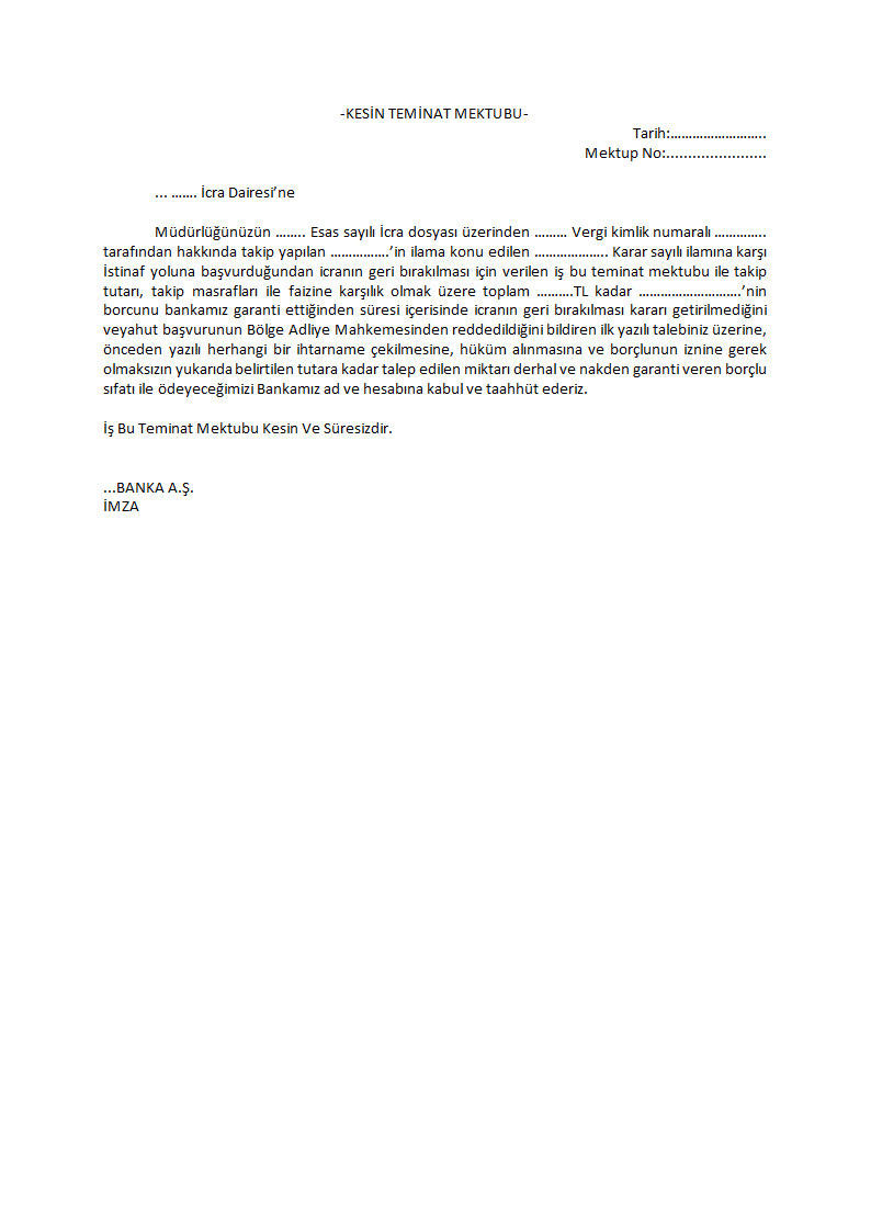 kesin teminat mektubu: istinaf başvurusu için icra takibinin geri ...
