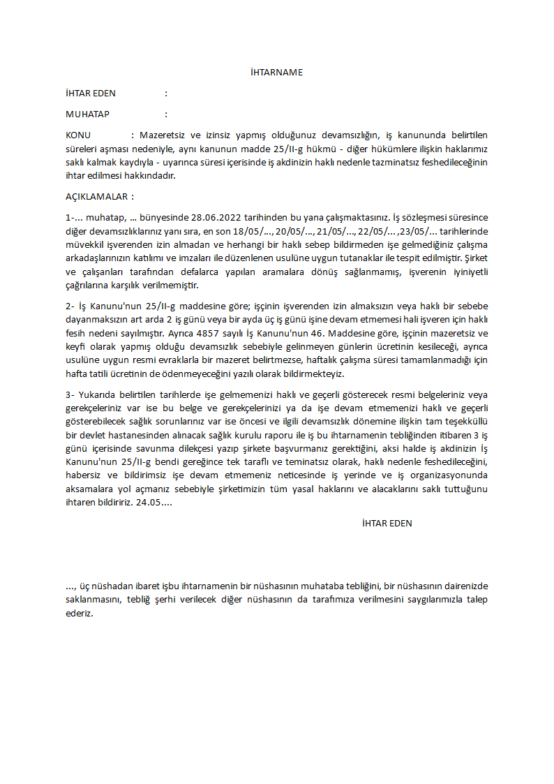 mazeretsiz devamsızlık nedeniyle iş akdinin iş kanunu 25/ıı-g maddesi ...
