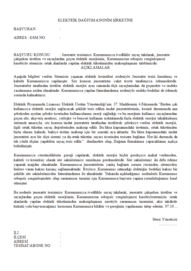 jeneratör üretimiyle ortak alan elektrik tüketiminin mahsuplaştırılması ...