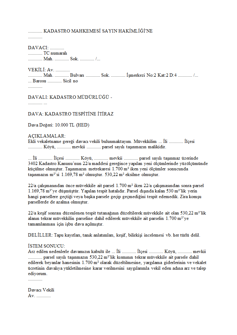 kadastro tespitine itiraz davası: 530,22 m²'lik alanın parsele iadesine ...