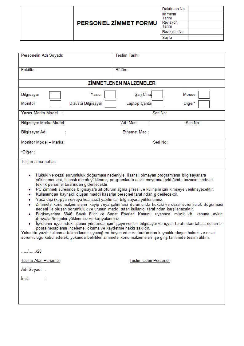 bilgisayar ve donanım zimmeti formu: sorumluluklar ve kullanım ...