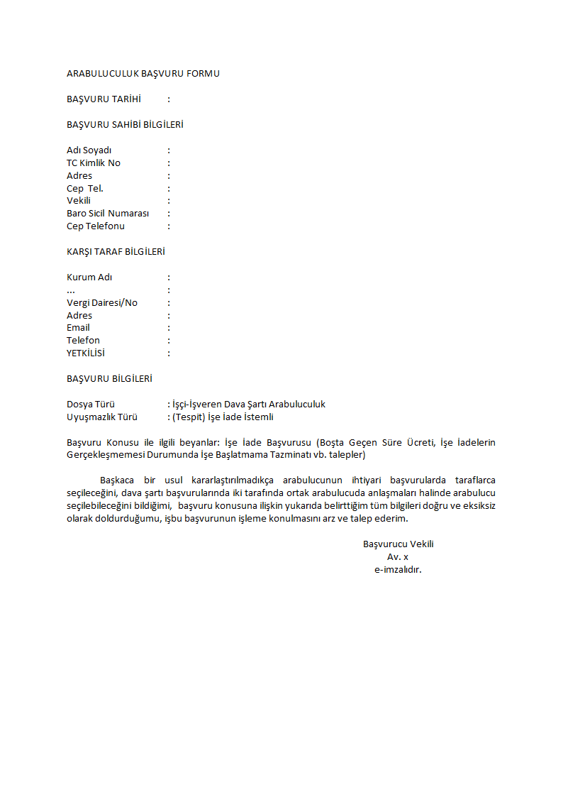 işçi-işveren işe iade davası için arabuluculuk başvuru formu ve ilgili ...