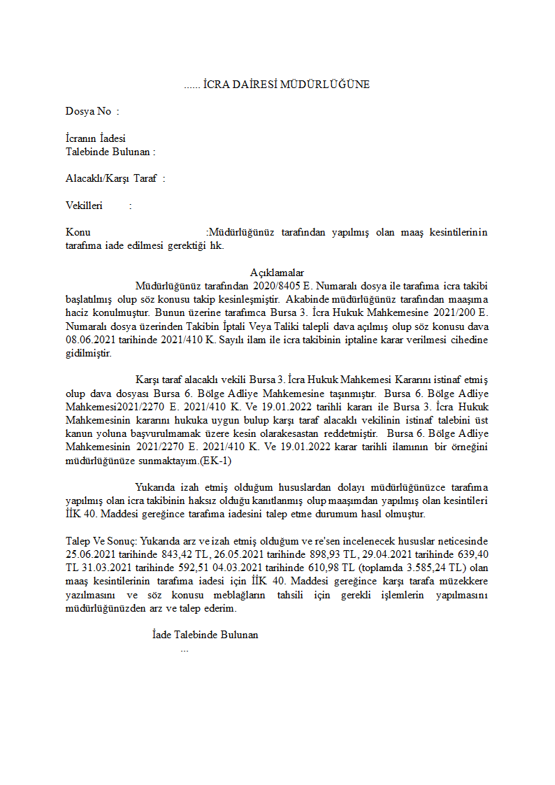 icra takibi iptali ve maaş kesintilerinin iadesi talebi - icra dairesi icranın iadesi talep ...