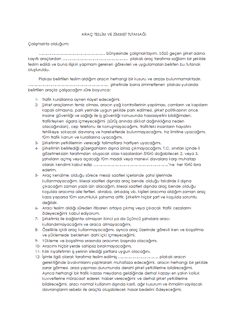 şirket aracı teslim ve zimmet tutanağı: sorumluluklar, taahhütler ve ...