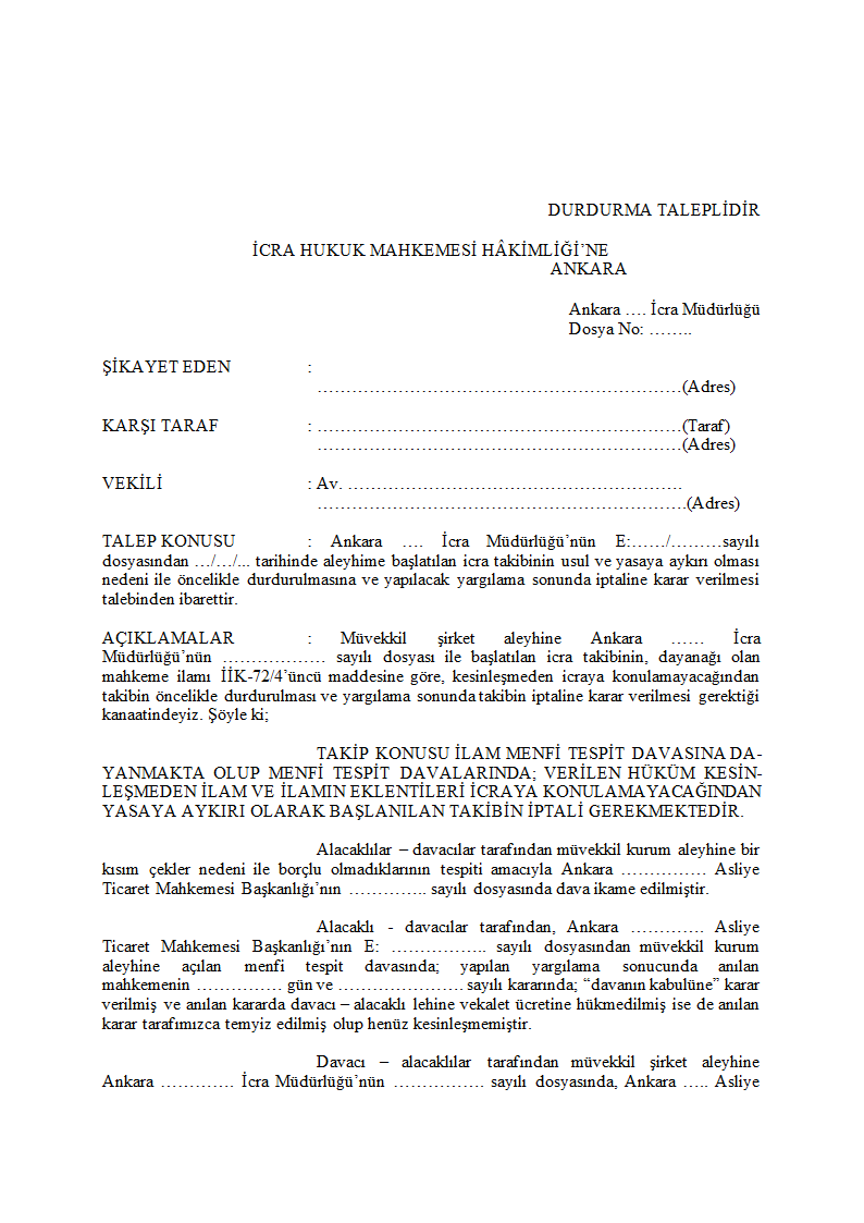 ankara icra müdürlüğü'ne icra takibinin durdurulması ve iptali talebi hakkında hukuk mahkemesi ...