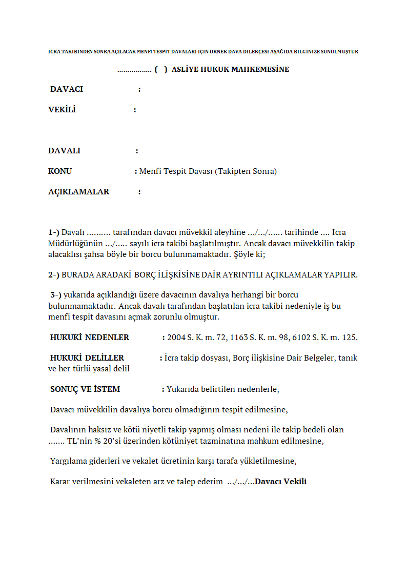 icra takibine karşı menfi tespit davası dilekçesi örneği: borçsuzluğu ...