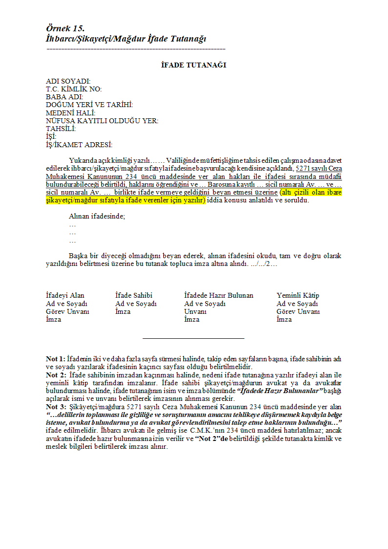 15. ihbarcı/şikayetçi/mağdur ifadesi tutanağı: 5271 sayılı cmk madde ...