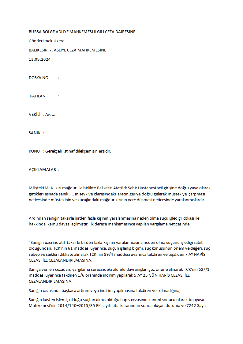 balıkesir 7. asliye ceza mahkemesi'nden bursa bölge adliye mahkemesi'ne gönderilen taksirle ...