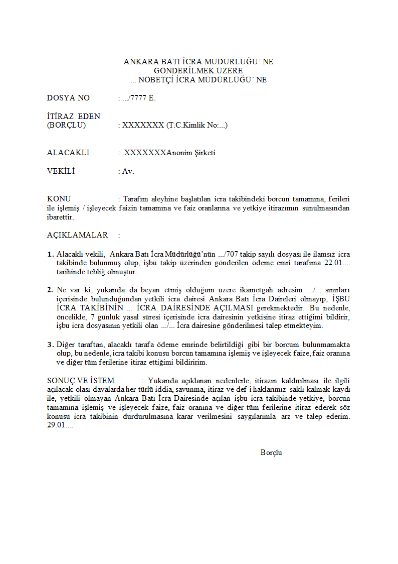 ankara batı icra müdürlüğü'ne gönderilen, yetkiye ve borca ilişkin ...