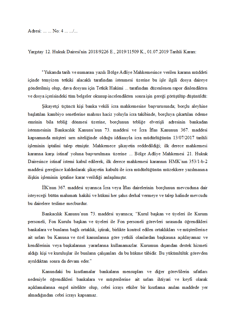 icra müdürlüğü, kesinleşen takip sonrası borçlunun kimlik ve adres ...