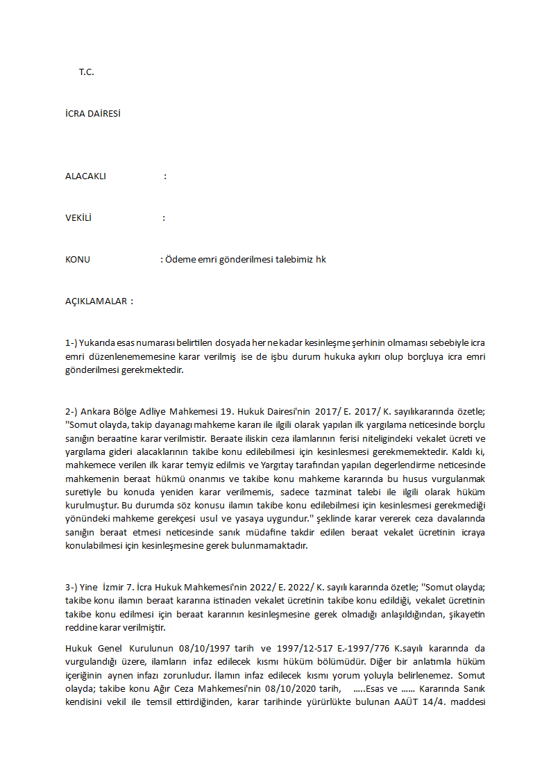 alacaklı vekilinden icra dairesine talep: beraat vekalet ücretinin ...