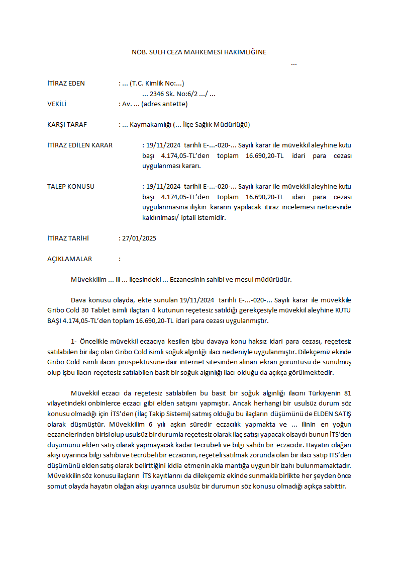 eczacının reçetesiz ilaç satışı iddiasıyla kesilen idari para cezasına ...