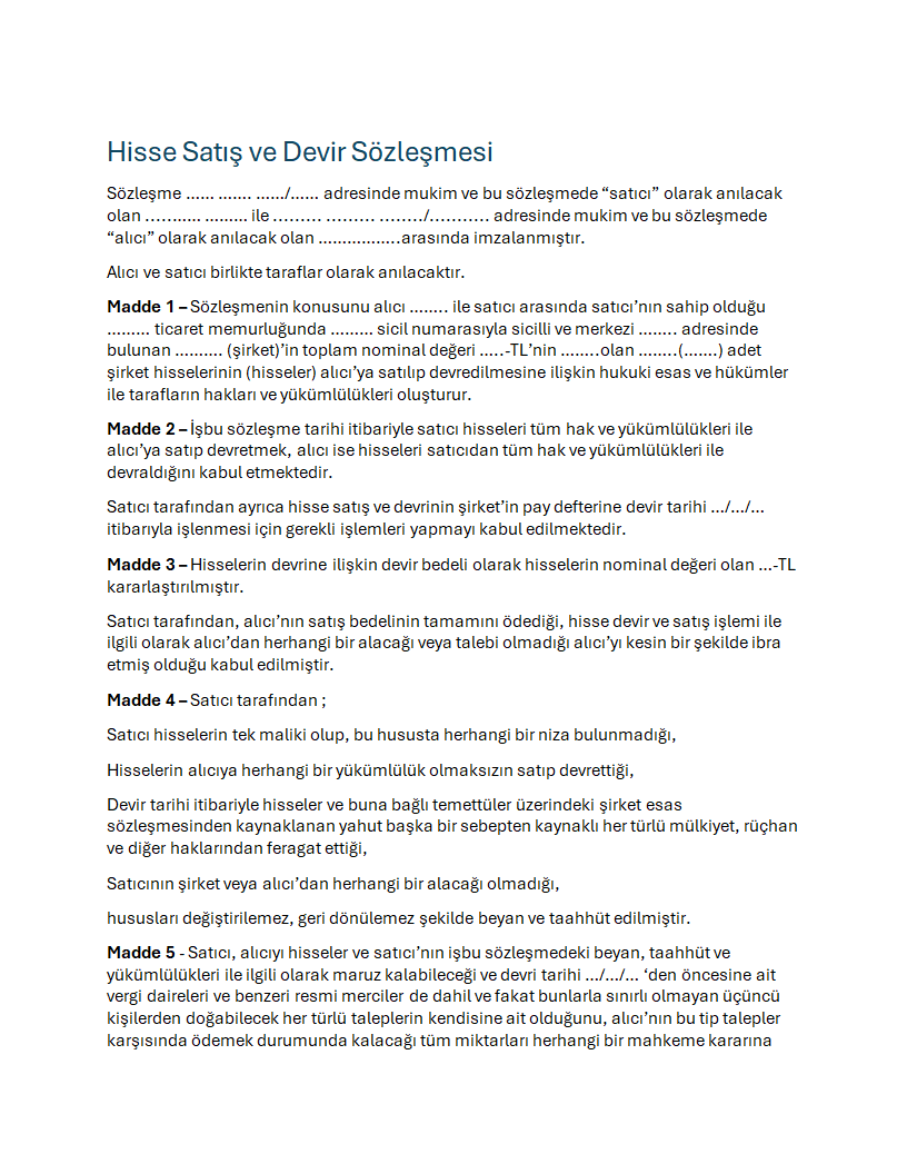 **hisse satış ve devir sözleşmesi: [şirket adı] hisselerinin alıcı'ya devri, bedeli, tarafların ...