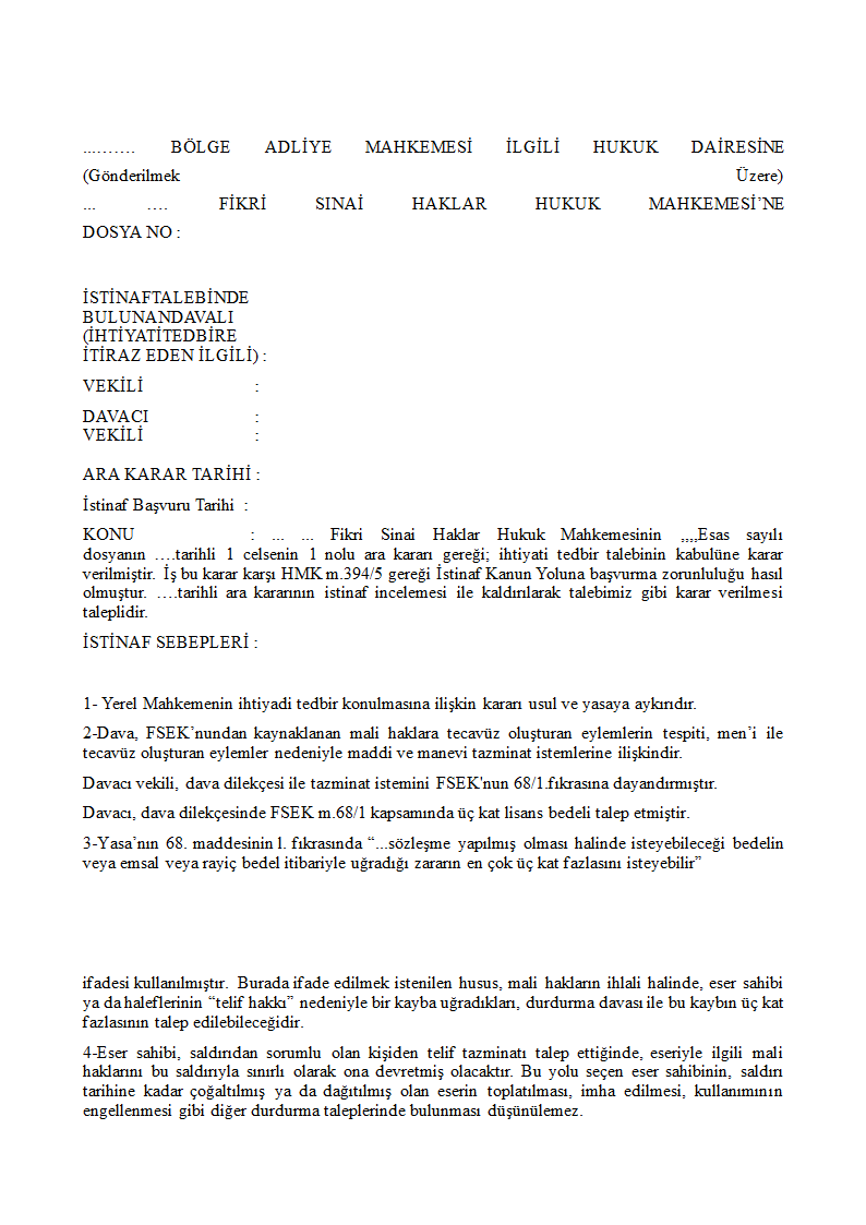 fsek madde 68/1 uyarınca üç kat bedel tazminat talebiyle ihtiyati ...