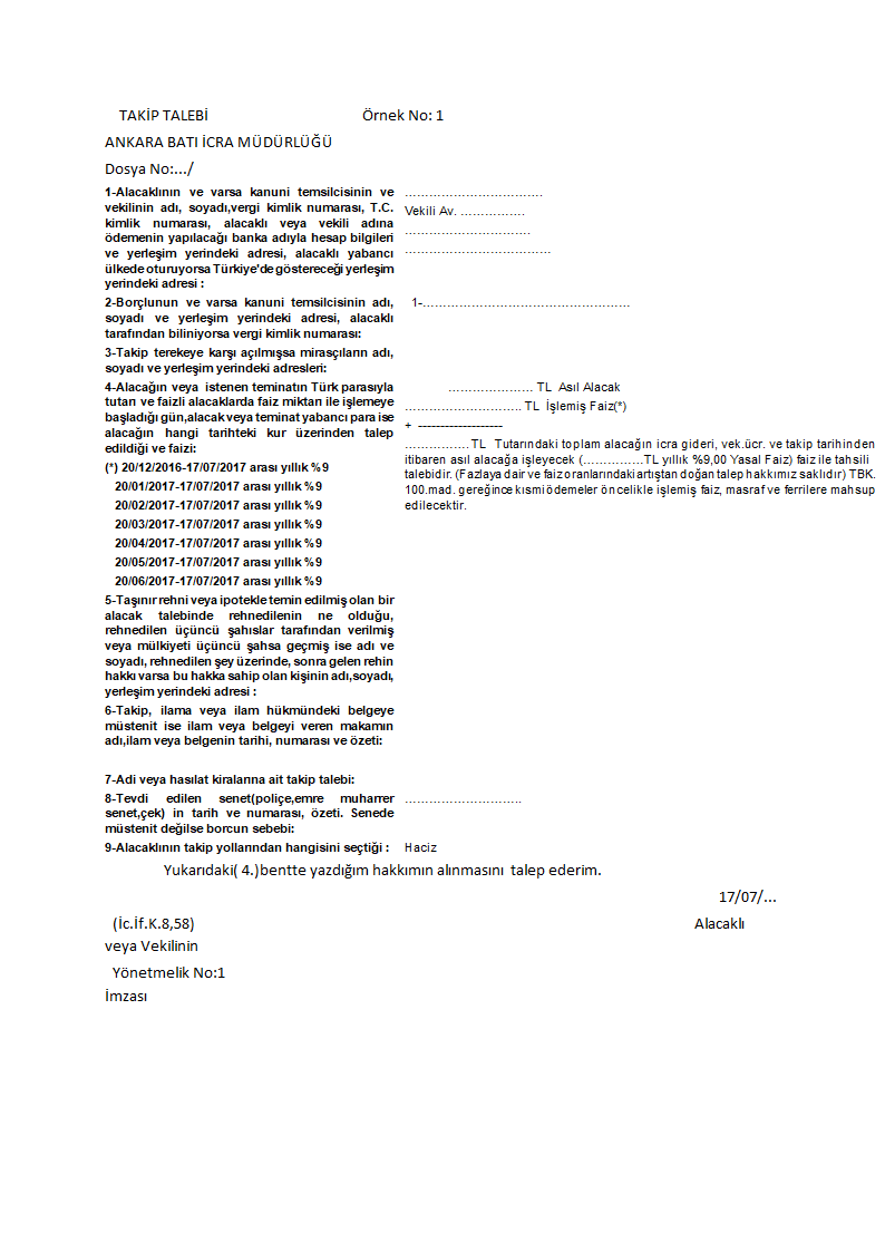 ankara batı icra müdürlüğü'ne ait takip talebi örneği: alacaklı, borçlu ...