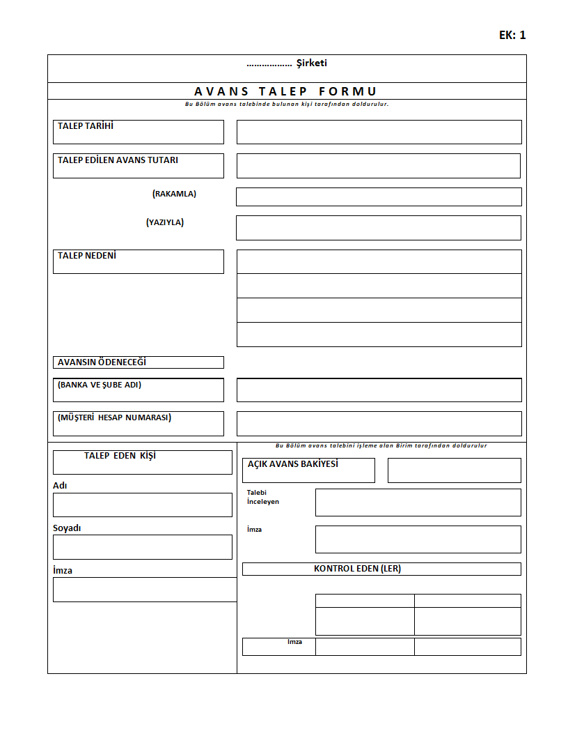 şirket avans talep formu: talep tarihi, tutarı, nedeni ve ödeme ...