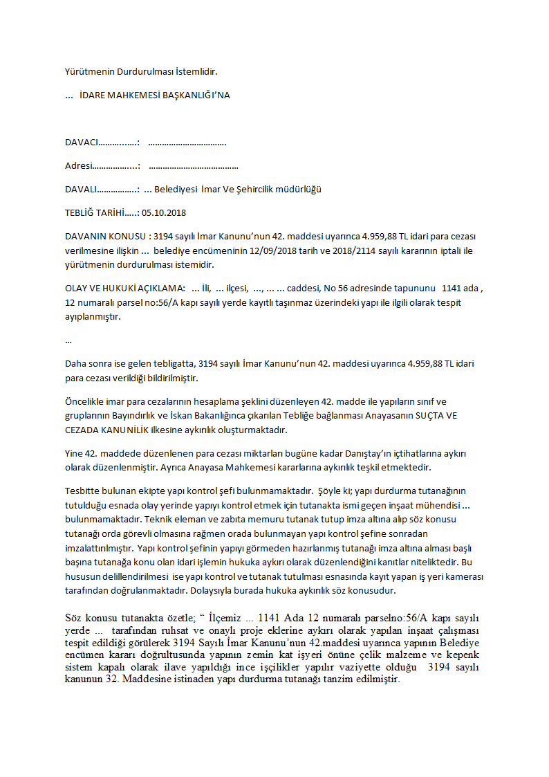3194 sayılı imar kanunu'nun 42. maddesi uyarınca verilen 4.959,88 tl ...