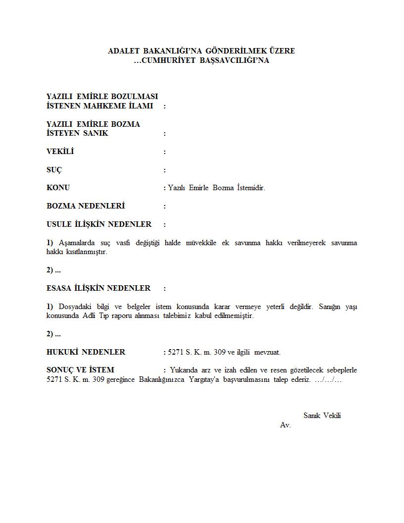 5271 sayılı cmk madde 309 gereğince yargıtay'a başvuru talebiyle ilgili ...