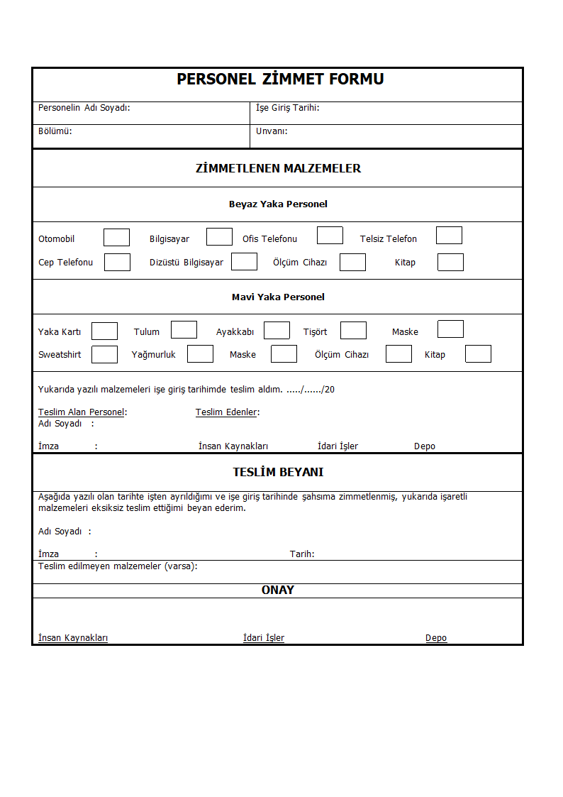 personel zimmet formu: malzeme teslimi, teslim beyanı ve teslim ...