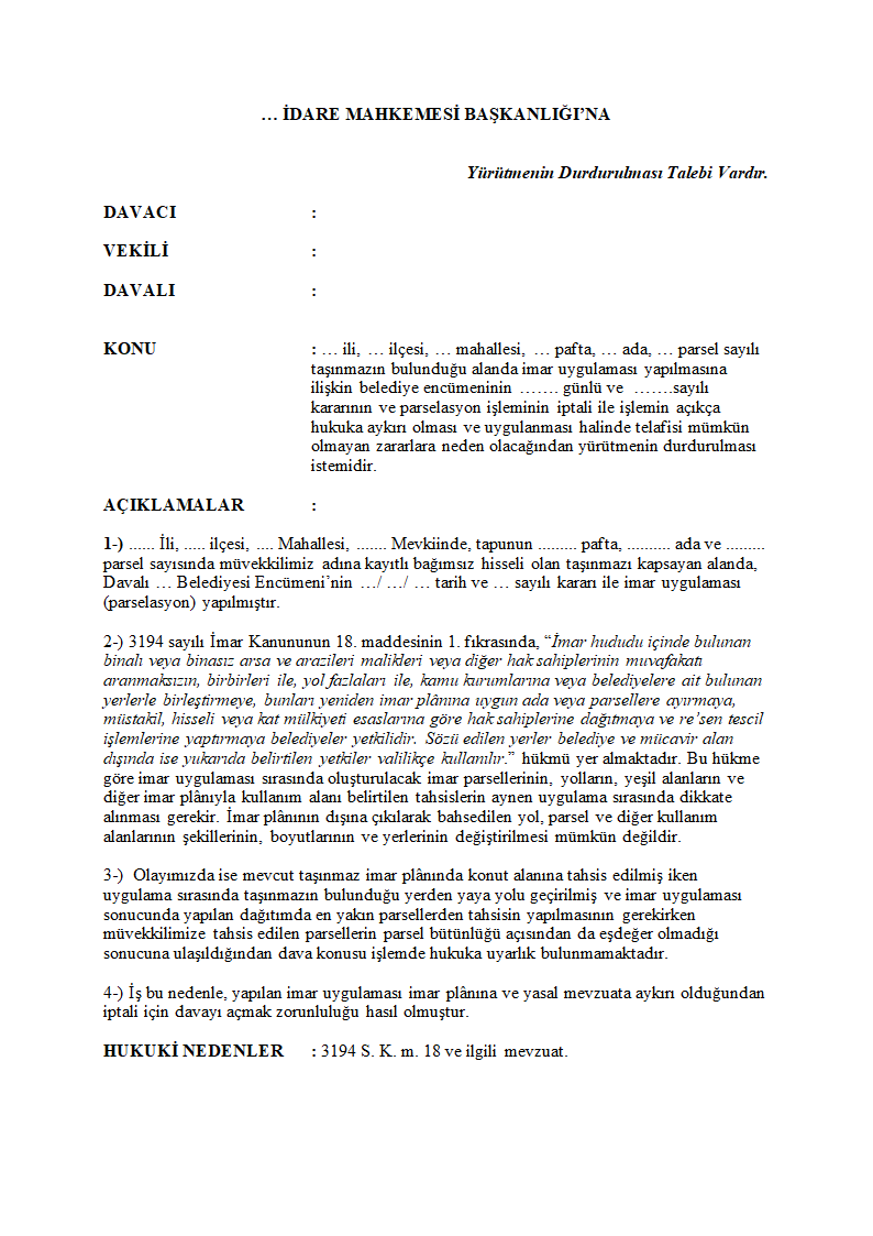 imar uygulaması iptali ve yürütmenin durdurulması talebi: 3194 sayılı ...