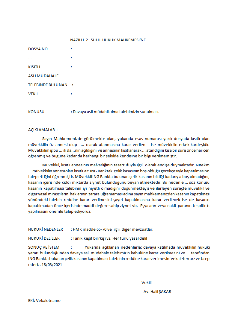 nazilli 2. sulh hukuk mahkemesi'nde kısıtlı kişinin annesinin vasi ...