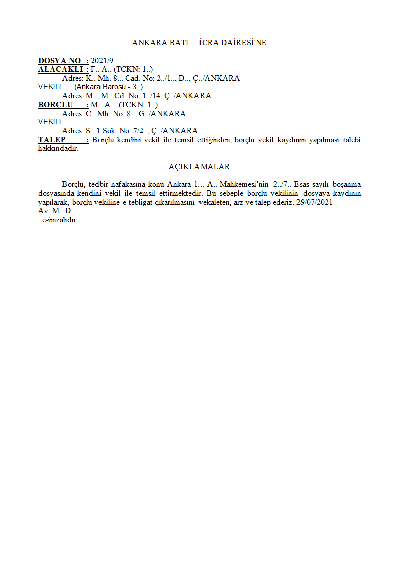 vekil kaydı talebi: borçlunun vekilinin dosyaya kaydedilmesi ve e ...