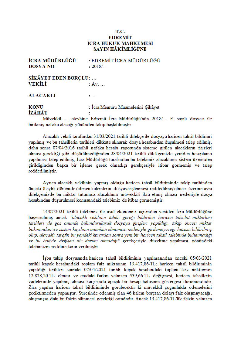 edremit icra müdürlüğü'nün yanlış nafaka hesaplaması ve haricen tahsil ...