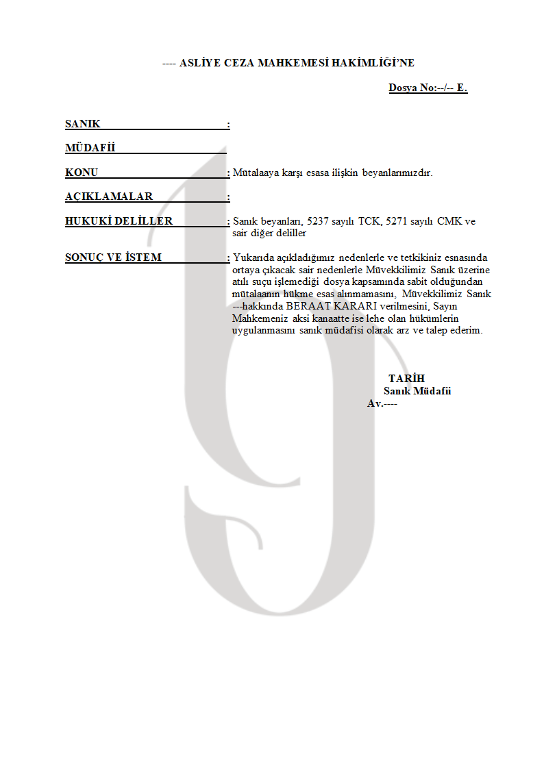 5237 sayılı tck ve 5271 sayılı cmk'ya göre sanığın beraatı için müdafi ...